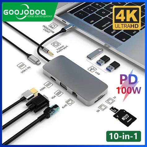 GOOJODOQ USB C Hub Macbook Adaptor Ipad Laptop 10 In 1 Type C Display Port To HDMI 4K RJ 45 VGA