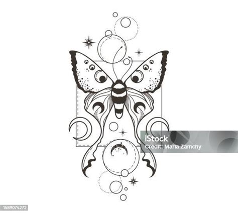 마법의 천체 나비와 달 실루엣 클립아트 초승달이 있는 신비한 우주 나방 벡터의 흑백 곤충 구성 티셔츠 포스터 엽서를 위한 격리된 디자인 요소 나방에 대한 스톡 벡터 아트 및