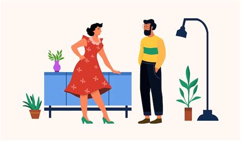 Premium Vector A Woman And A Man Stand In Front Of A Wall With A Plant And A Lamp