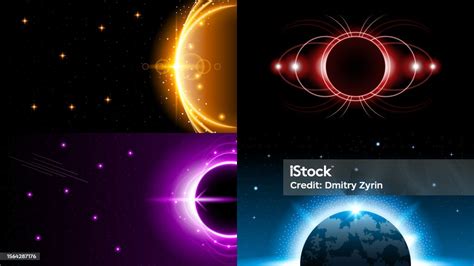 세트 태양 이클립스 태양 컬렉션 색상 화재 어두운 배경 벡터 달 디자인 스타일 공간 과학 광선 빛 가득 찬에 대한 스톡 벡터 아트 및 기타 이미지 Istock