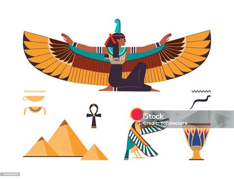 Simbol Mesir Kuno Dengan Dewi Isis Dewa Horus Ankh Vas Dan Set Vektor