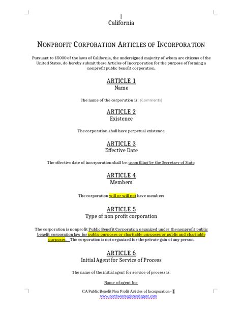 California Nonprofit Articles Of Incorporation Template