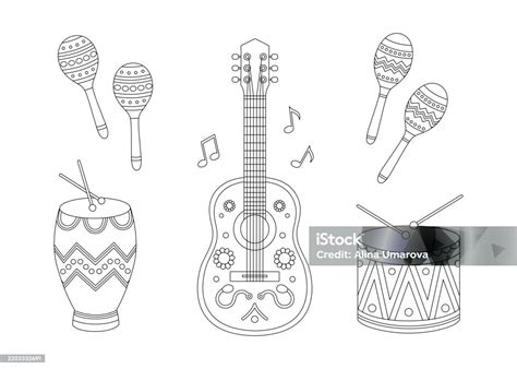 민족 악기 색칠 공부 페이지 기타 드럼 드럼 스틱 콩가 마라카스 및 음표로 구성된 개요 세트 라틴 음악 축제 브라질 카니발 윤곽 컬렉션 인쇄용 색칠 공부 책 악기에 대한