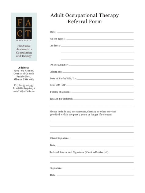 Adult Occupational Therapy Referral Form Blank Fillable Template