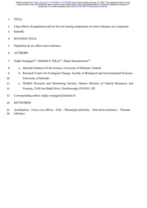 Pdf Clear Effects Of Population And Sex But Not Rearing Temperature On Stress Tolerance In A