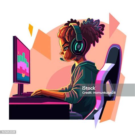 헤드셋을 쓴 아프리카 소녀 게이머 또는 스트리머가 컴퓨터 앞에 앉아 있다 Championship에 대한 스톡 벡터 아트 및 기타