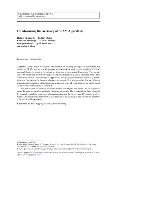 Pdf On Measuring The Accuracy Of Slam Algorithms