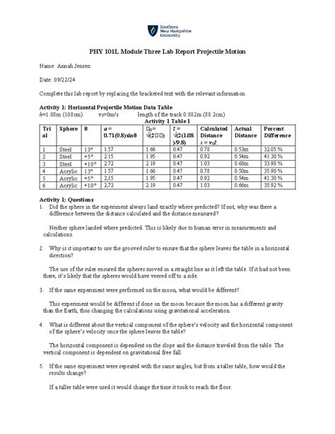 PHY L Module Three Lab Report Projectile Motion Activity Horizontal Projectile Motion