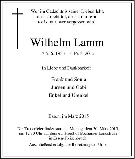 Traueranzeigen Von Wilhelm Lamm Trauer In Nrw De
