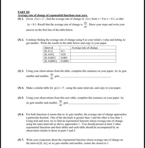 Solved PART III Average Rate Of Change Of Exponential Chegg Com