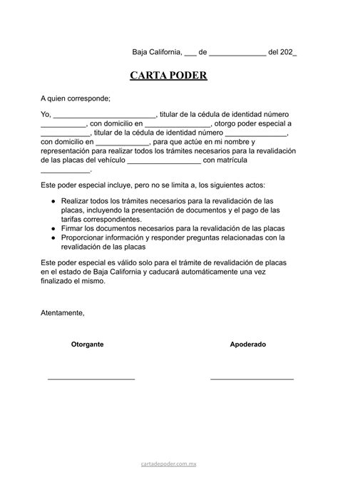 Carta Poder Simple Revalidación De Placas Baja California