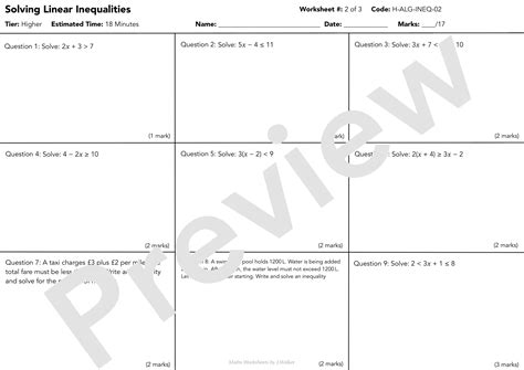 Gcse Maths Worksheet Solving Linear Inequalities Higher Tier Teaching Resources