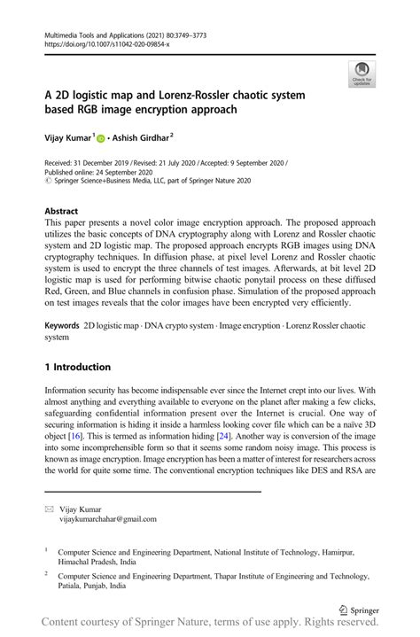 A 2d Logistic Map And Lorenz Rossler Chaotic System Based Rgb Image Encryption Approach