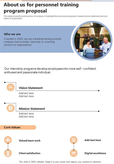 About Us For Personnel Training Program Proposal One Pager Sample Example Document Ppt Template