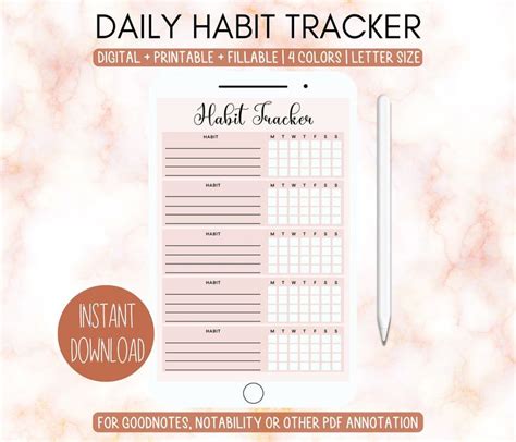Daily Habit Tracker Digital Habit Tracker Printable Fillable PDF