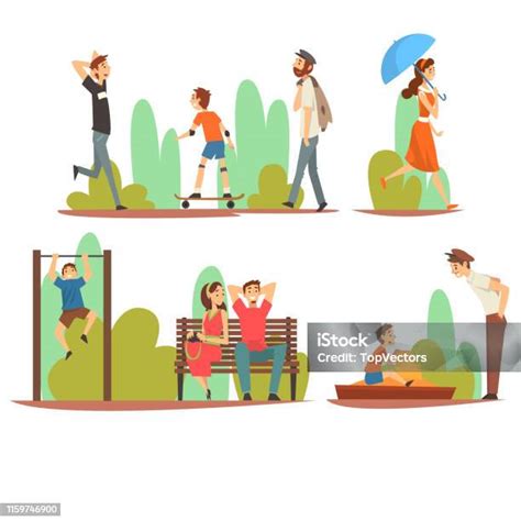 공원에서 휴식을 취하고 스포츠를하는 사람들 남자 여자 및 어린이 시간을 보내고 자연 야외 벡터 일러스트레이션 가족에 대한 스톡 벡터 아트 및 기타 이미지 Istock