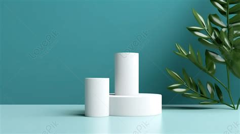생생한 3d 렌더링 흰색 실린더 연단이 있는 화장품 디스플레이 스탠드 파란색 배경에 녹색 잎 식물 화장 배경 3d 식물 배경 연단 배경 이미지 Hd 화장 3d