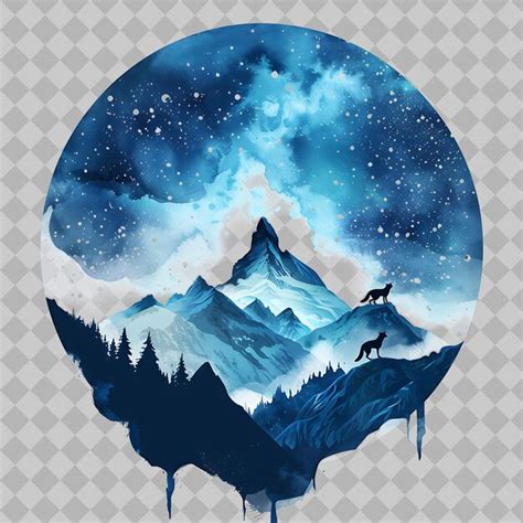 A Picture Of A Mountain With A Wolf On It And A Mountain With A Moon