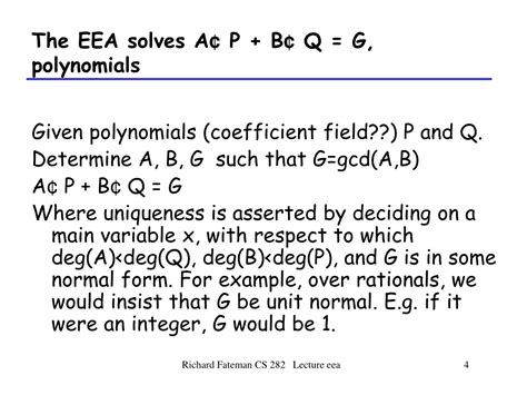 Ppt Extended Euclidean Algorithm In Cs 282 Lecture By Richard Fateman Powerpoint Presentation