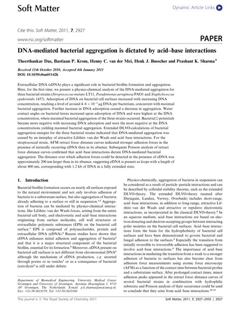 Pdf Dna Mediated Bacterial Aggregation Is Dictated By Acid Base Interactions
