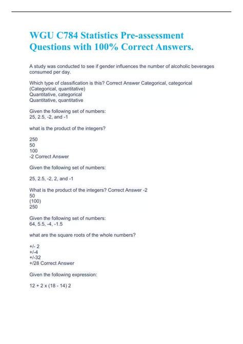 Wgu C784 Statistics Pre Assessment Questions With 100 Correct Answers Wgu C784 Statistics