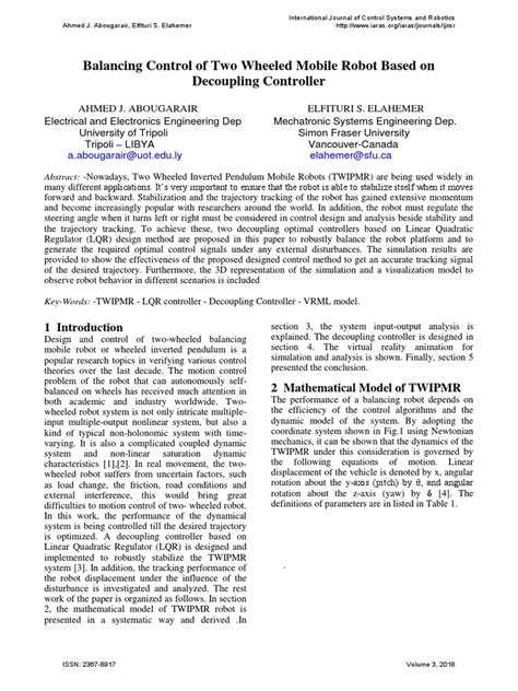 Balancing Control Of Two Wheeled Mobile Robot Based On Pdf Pdf Control Theory Center Of Mass