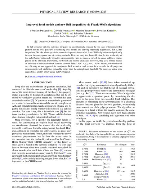 Pdf Improved Local Models And New Bell Inequalities Via Frank Wolfe Algorithms