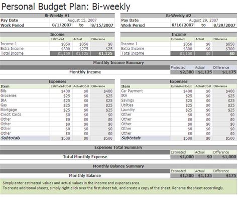 Bi Weekly Budget Template Excel Printable At A Glance