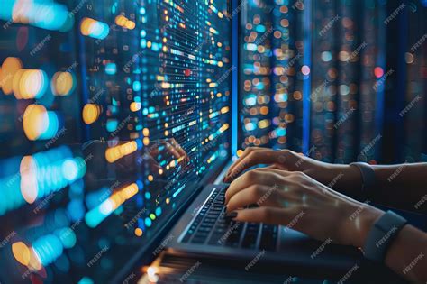 Person Typing Laptop Server Room Lights Premium Ai Generated Image