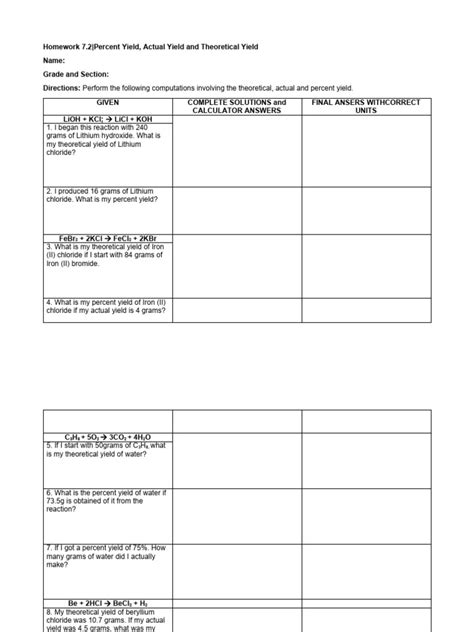 Homework 7 2 Limiting And Excess Reactant Pdf