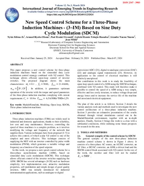 Pdf New Speed Control Scheme For A Three Phase Induction Machines 3~im Based On Sine Duty