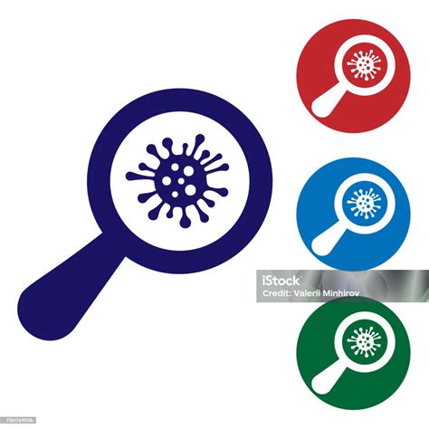 흰색 배경에 고립 된 돋보기 아이콘 아래 파란색 미생물 세균과 세균 세포 암 미생물 바이러스 균 류 원 버튼의 색상 아이콘을