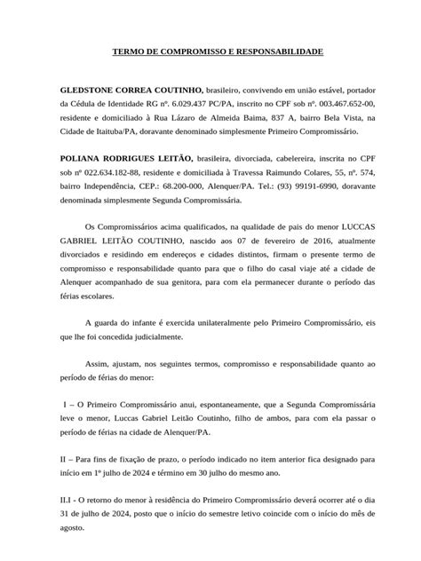 Termo De Compromisso E Responsabilidade Viagem Gabriel Féria Julho