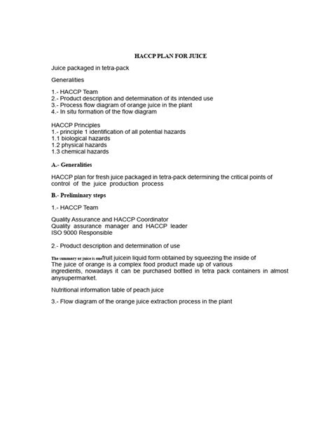 Haccp Plan For Orange Juice Haccp Plan Pdf Juice Diet And Nutrition