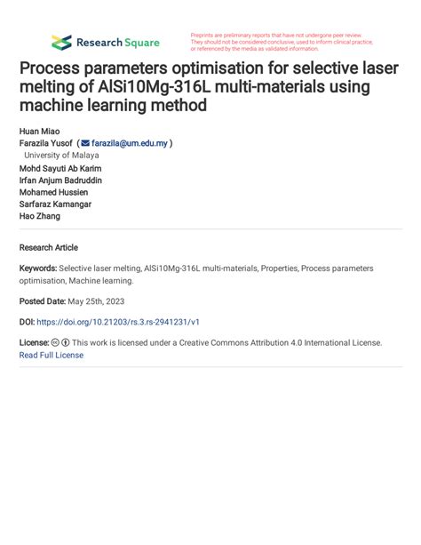 Pdf Process Parameters Optimisation For Selective Laser Melting Of Alsi10mg 316l Multi