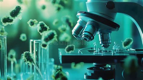 Scientist And Bacteria Lichen Fungi Microscope In Laboratory Stock