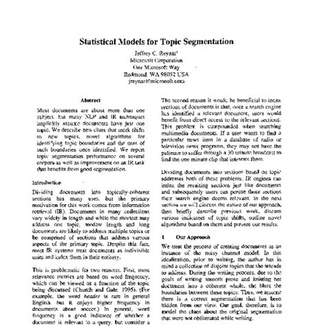 Statistical Models For Topic Segmentation Acl Anthology