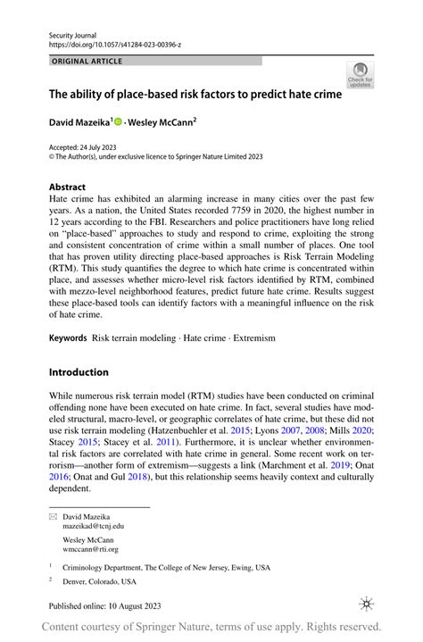 The Ability Of Place Based Risk Factors To Predict Hate Crime Request Pdf