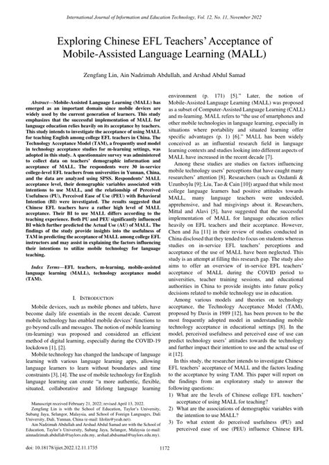 Pdf Exploring Chinese Efl Teachers Acceptance Of Mobile Assisted Language Learning Mall