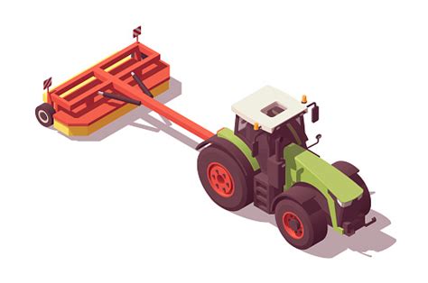 농업 장비 세트와 등대 트랙터 흰색 백그로웅에 빨간색 후행 모어와 고립 된 낮은 폴리 녹색 트랙터 벡터 일러스트레이터 수집 교통