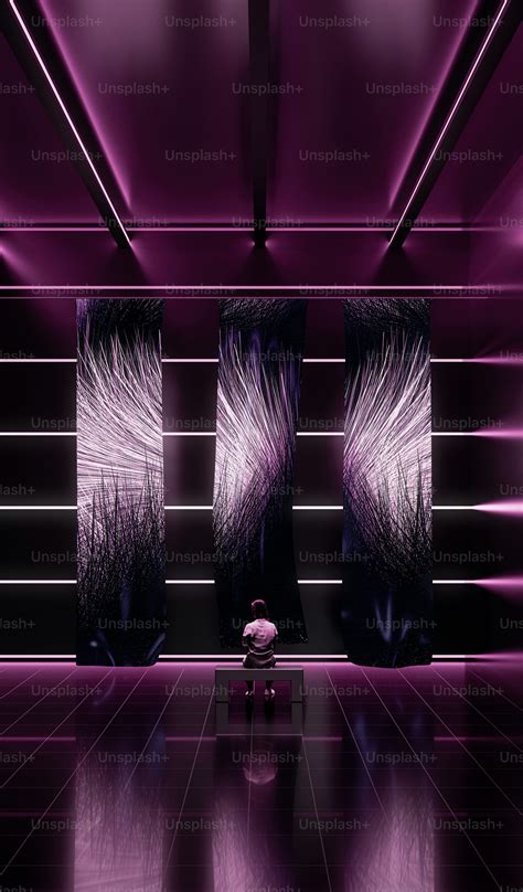 보라색과 검은색이 섞인 세 개의 높은 기둥이 있는 방 사진 Unsplash의 3d 렌더 이미지
