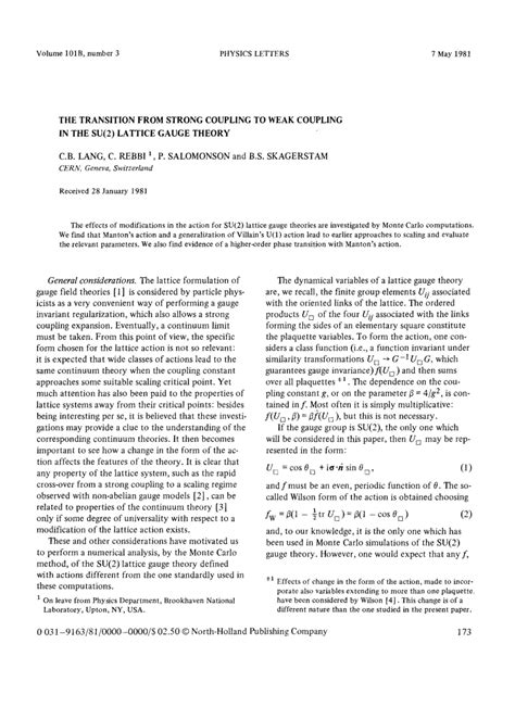 Pdf The Transition From Strong Coupling To Weak Coupling In The Su2 Lattice Gauge Theory