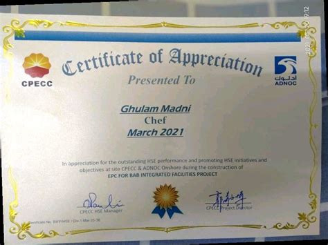 Chef Ghulam Madni On Linkedin Certificate Of Appreciation From Adnoc And Cpecc Bab Integrated