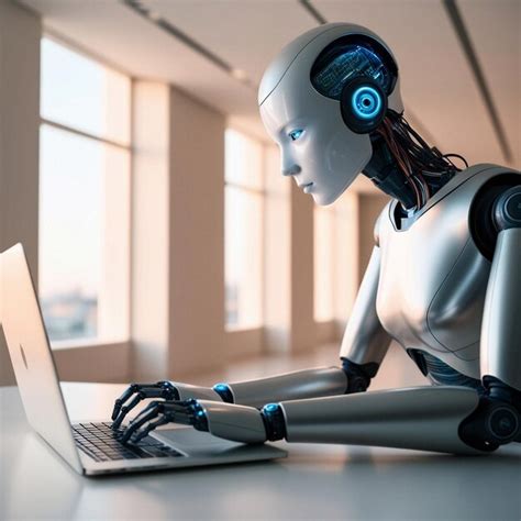 A Robot Sits On A Table With A Laptop In The Background Premium Ai Generated Image