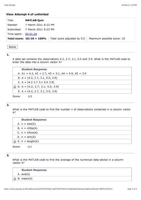 Practical Matlab Quiz View Attempt Of Unlimited Title MATLAB Quiz Started March