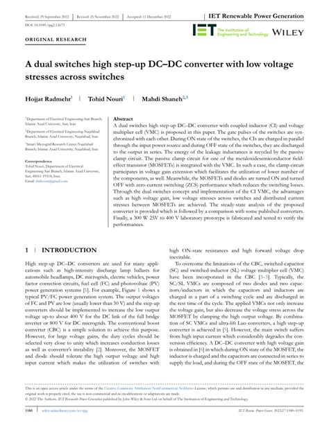 Pdf A Dual Switches High Step‐up Dcdc Converter With Low Voltage Stresses Across Switches