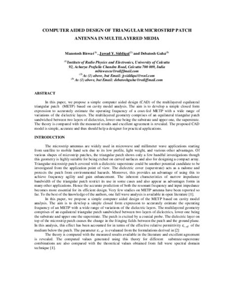 Pdf Computer Aided Design Of Triangular Microstrip Patch Antenna In