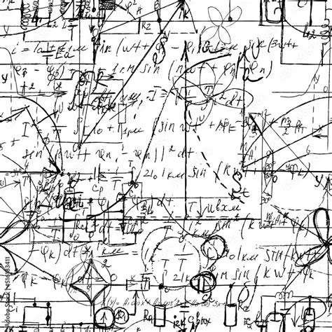 Scientific Seamless Texture With Handwritten Formulas And Electronic Components Drawing Of