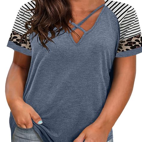 Plus Size Colorblock Leopard Print Short Sleeve T Shirt Womens Plus