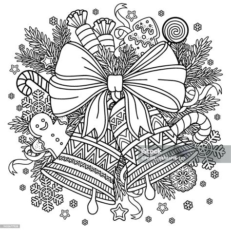 산타의 달콤한 선물로 나무의 가지 사이에 리본 활이있는 크리스마스 종소리 성인을위한 벡터 만다라 색칠 공부 책 색칠 공부 책과